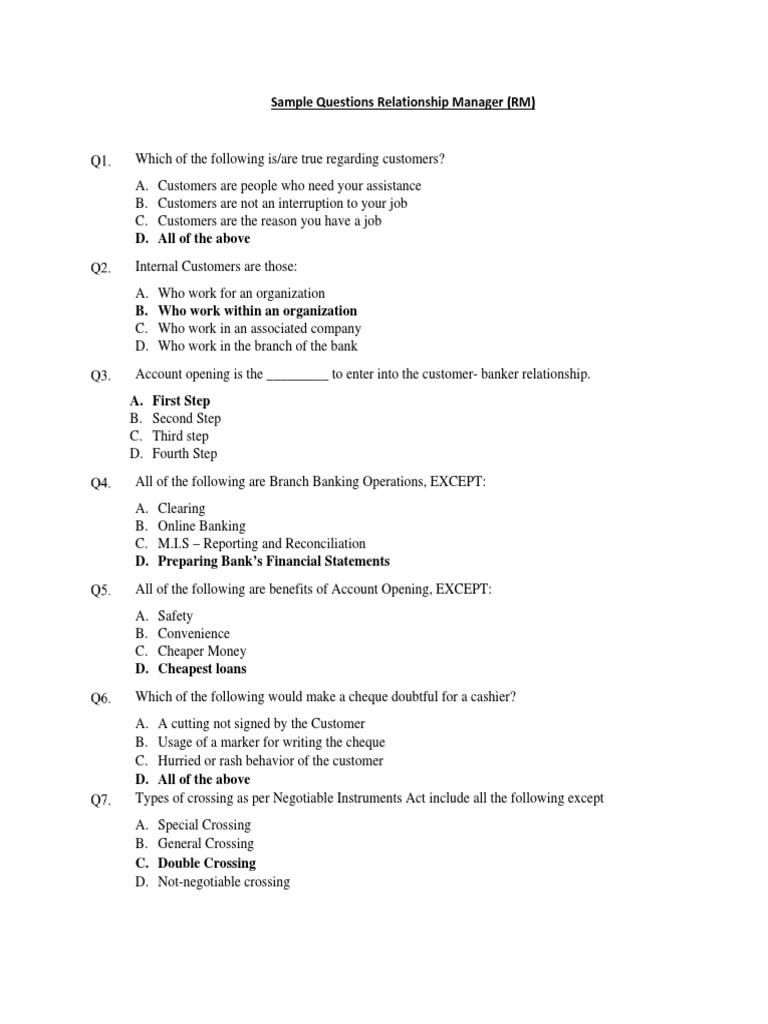 Relationship Manager RM Sample Questions 1 | Download Free PDF | Cheque | Banks