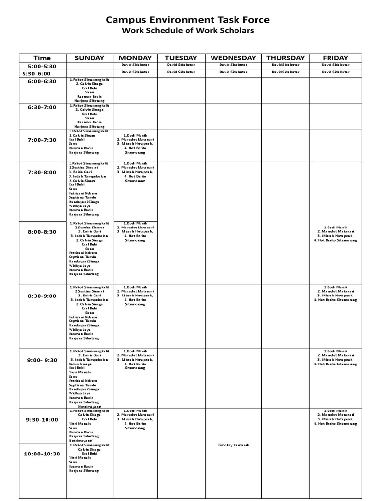 Campus Environment Task Force: Work Schedule of Work Scholars | PDF