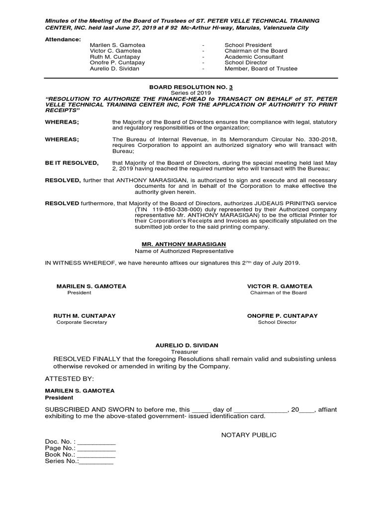 BOARD reso bir.docx | Board Of Directors | Common Law