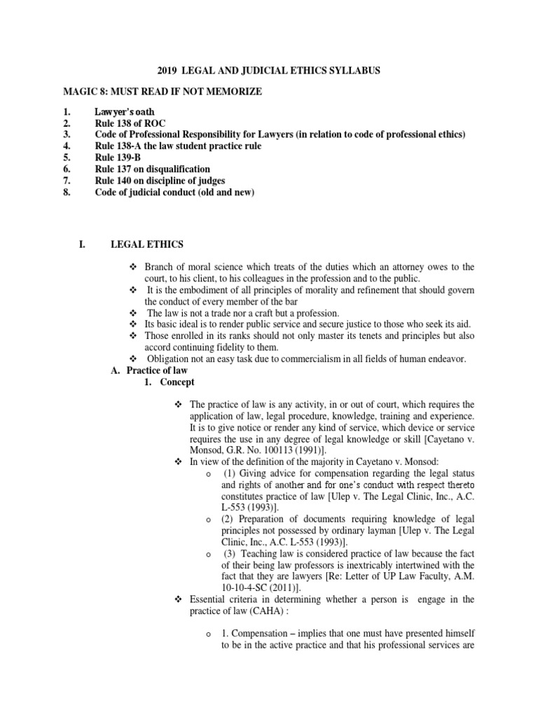 2019 Bar Syllabus-Legal and Judicial Ethics | PDF | Lawyer | Law School