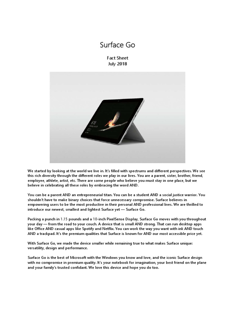 Surface Go Fact Sheet | PDF | Windows 10 | Microsoft Windows