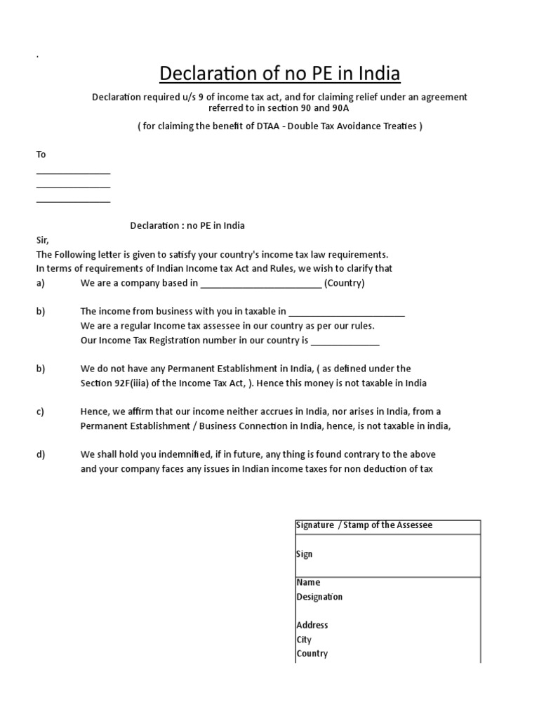 Declaration No PE in India.175145431 | PDF | Permanent Establishment ...