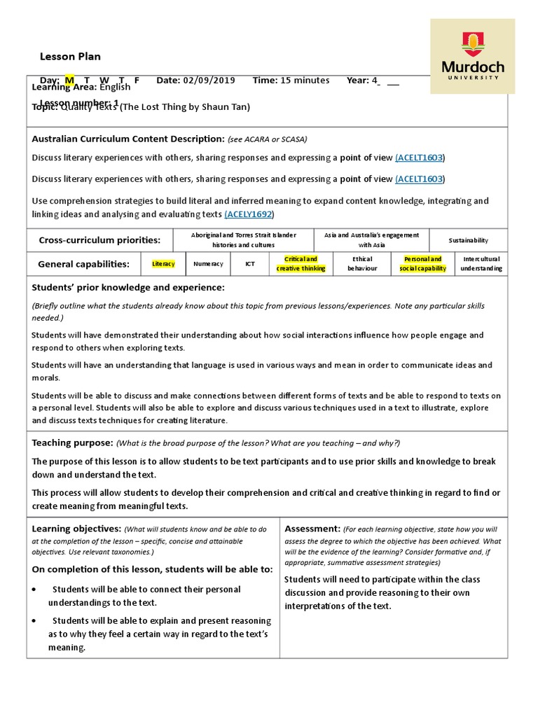 Edn2104 Simlab Lesson Plan | PDF | Lesson Plan | Understanding