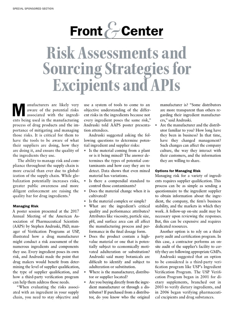 Risk Assessments and Sourcing Strategies For Excipients and Apis | PDF ...