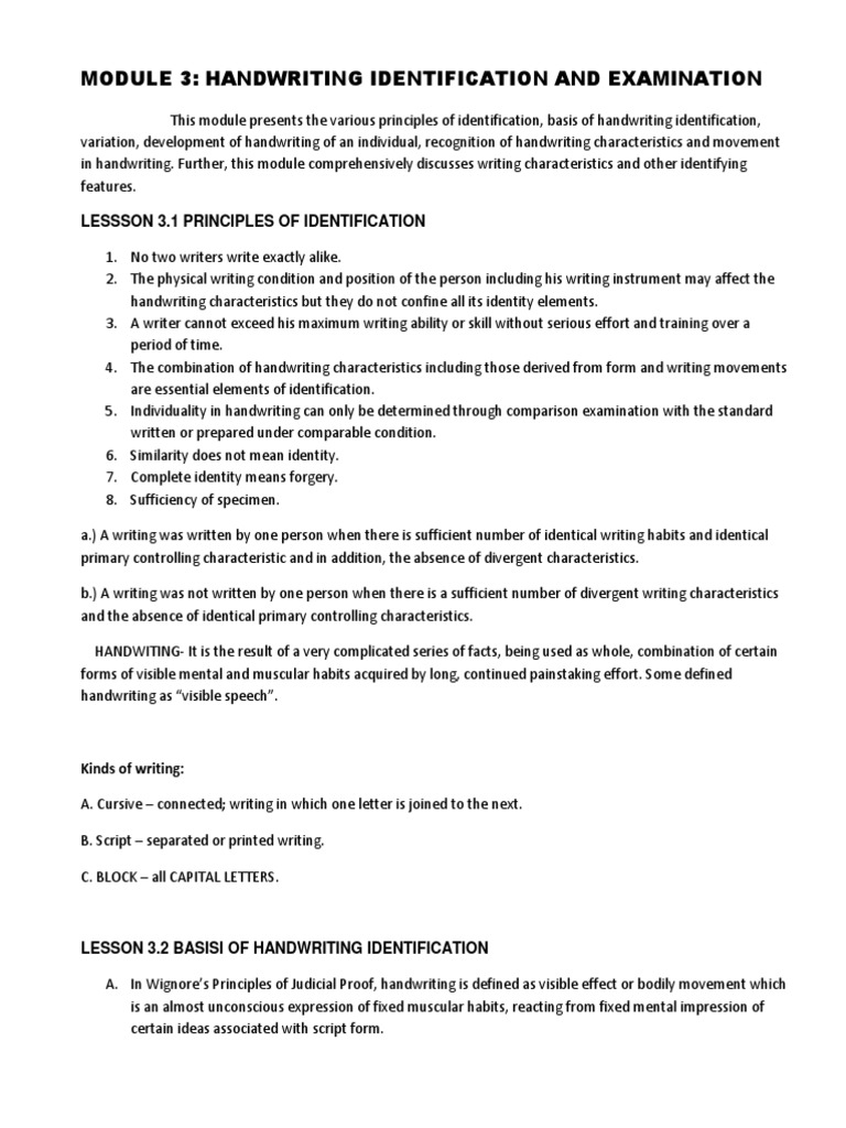Module 3: Handwriting Identification and Examination: Lessson 3.1 ...