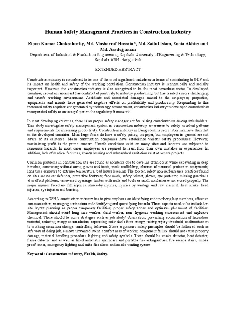 Human Safety Management Practices in Construction Industry | PDF ...
