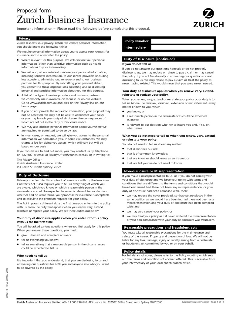 Zurich Business Insurance Proposal | PDF | Insurance Policy | Insurance