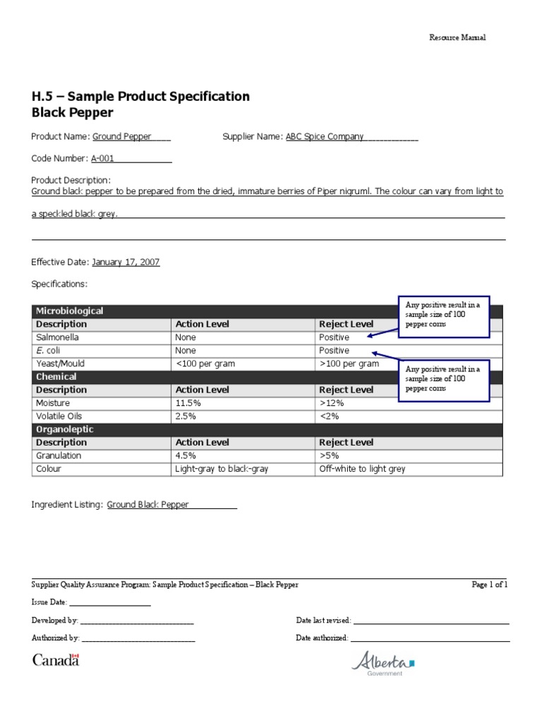 H.5 - Sample Product Specification Black Pepper: Microbiological | PDF ...
