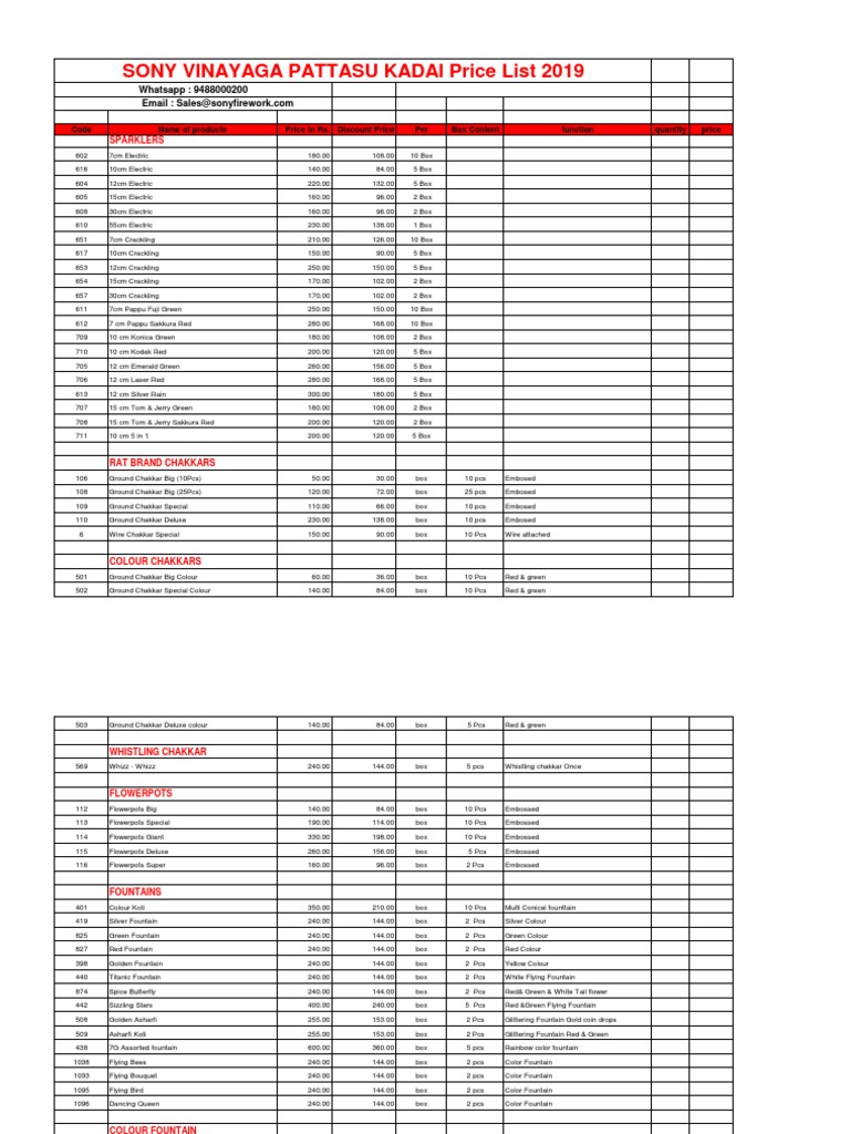Sony Fireworks Price List 2025 | PDF | Green | Red