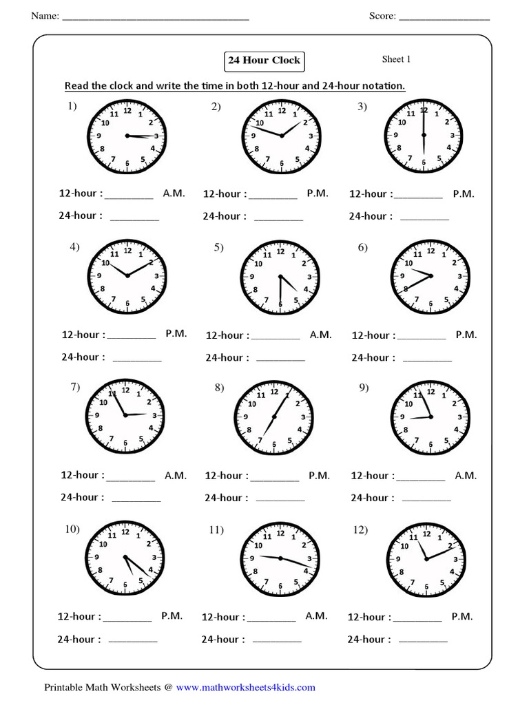 Worksheet for converting time between 12-hour and 24-hour notation ...