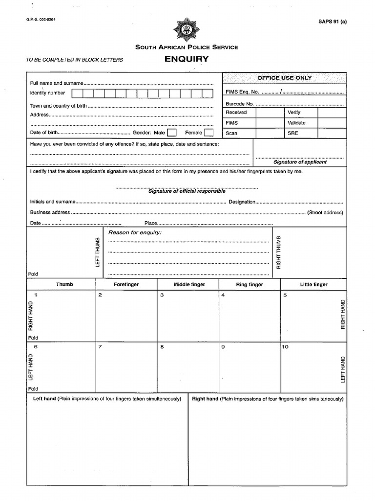 SAPS Fingerprint Form | PDF
