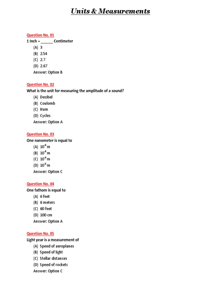 Units Measurements MCQ PDF | PDF | Celsius | Watt