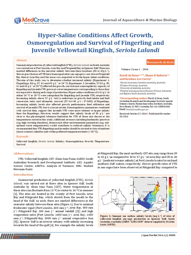 Hyper-Saline Conditions Affect Growth, Osmoregulation and Survival of ...