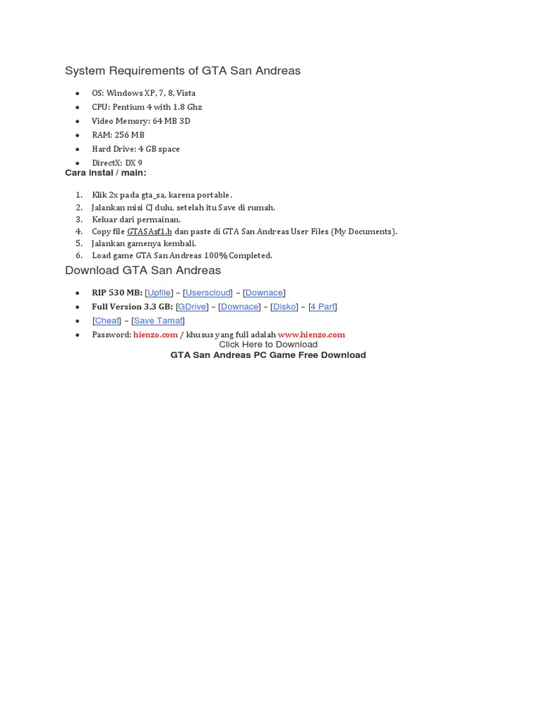 System Requirements of GTA San Andreas | PDF