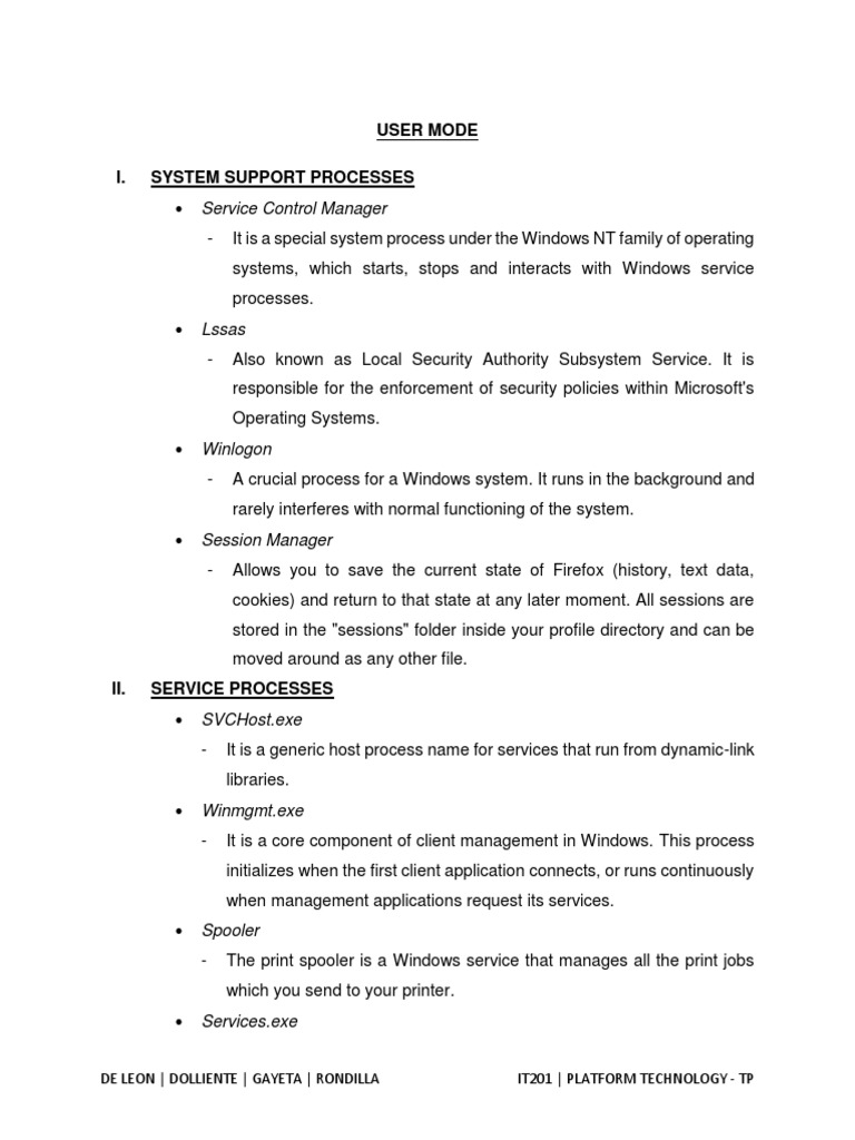 User Mode I. System Support Processes: de Leon - Dolliente - Gayeta ...