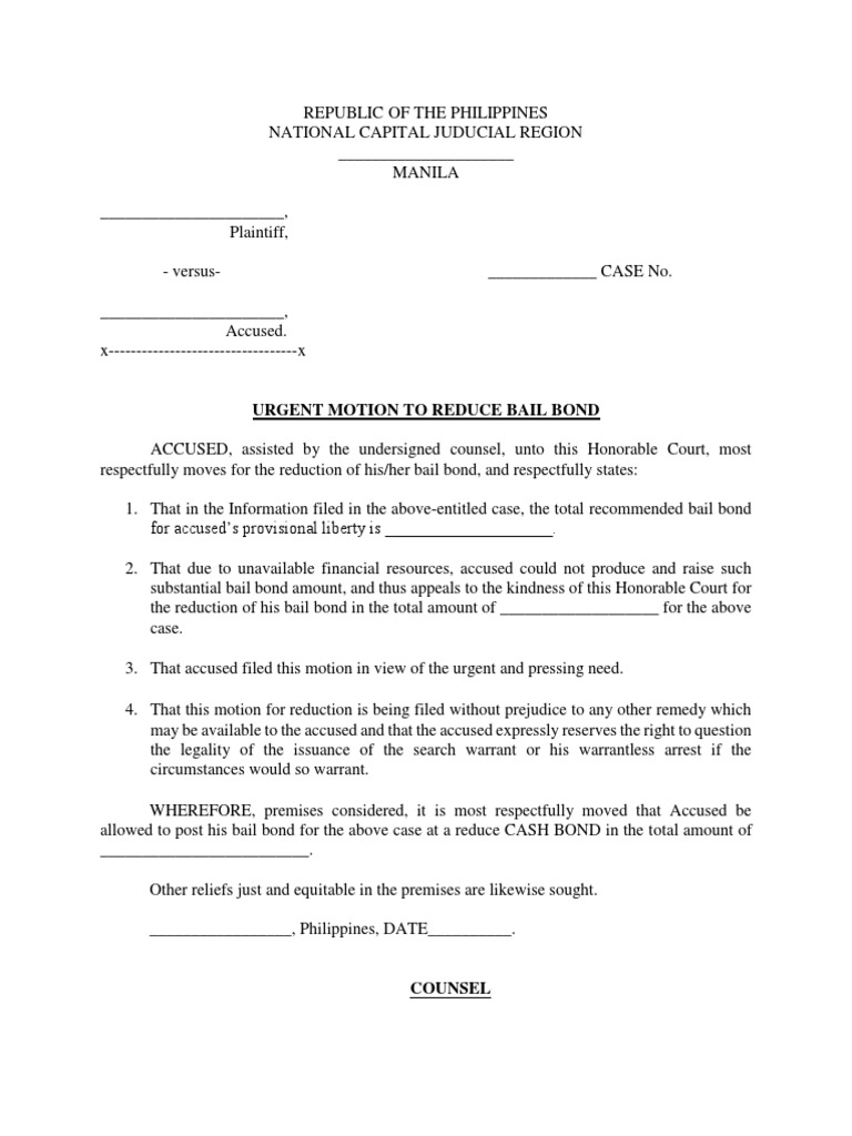 Motion To Reduce Bail | PDF | Bail | Search Warrant
