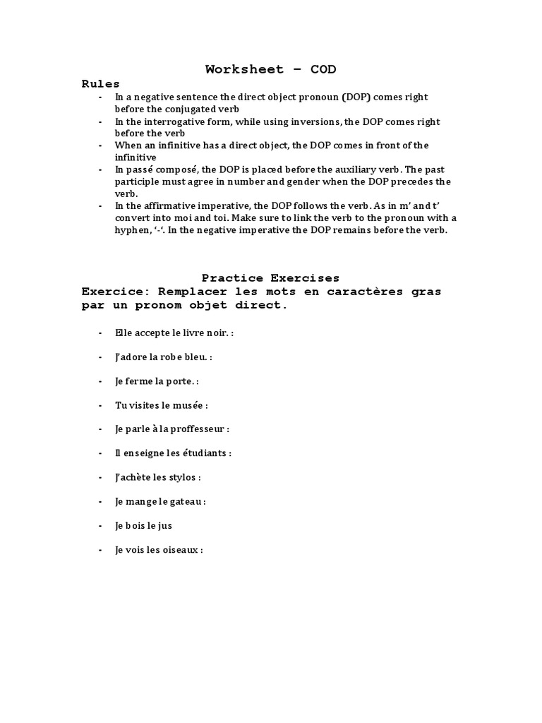 COD Pronouns Worksheet and Exercises | PDF | Language Arts & Discipline