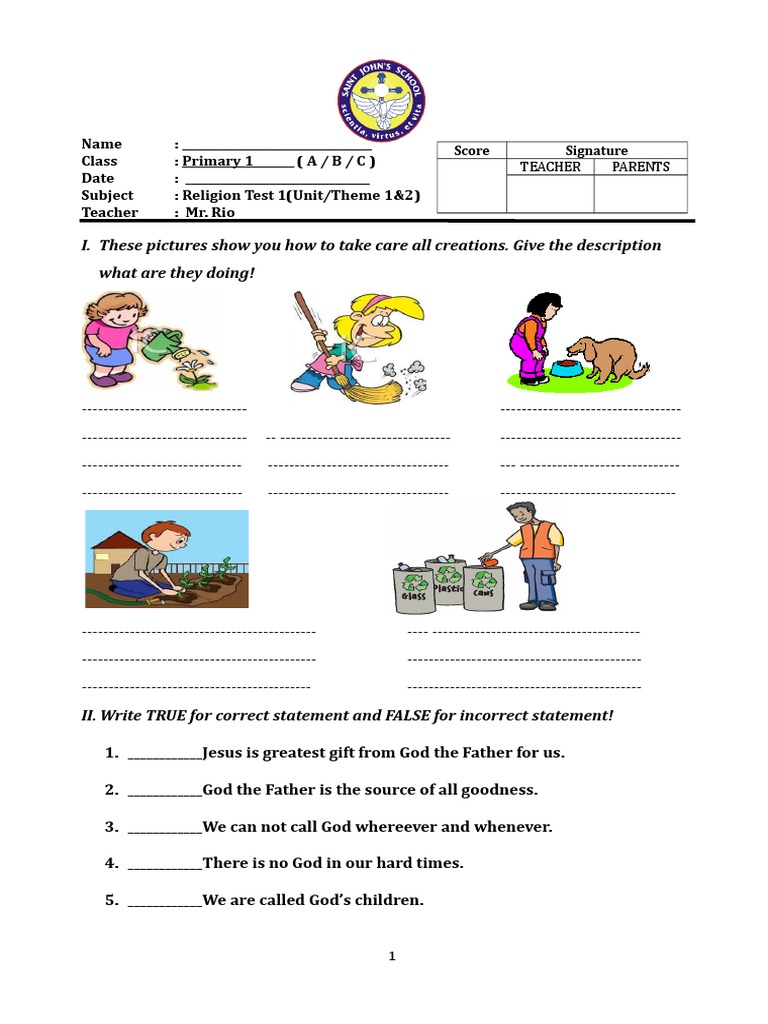 Unit 1-2 Daily Test Grade 1 | PDF | Lord's Prayer | Theology