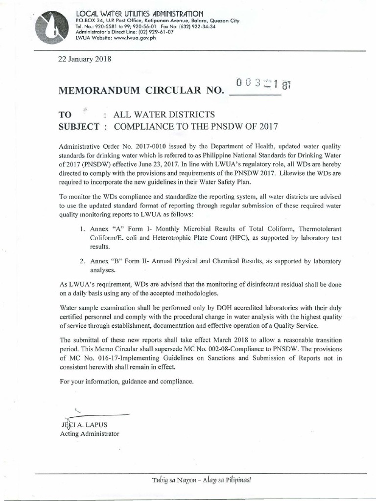 MC 003 18 PNSDW Compliance | PDF | Drinking Water | Water And Politics