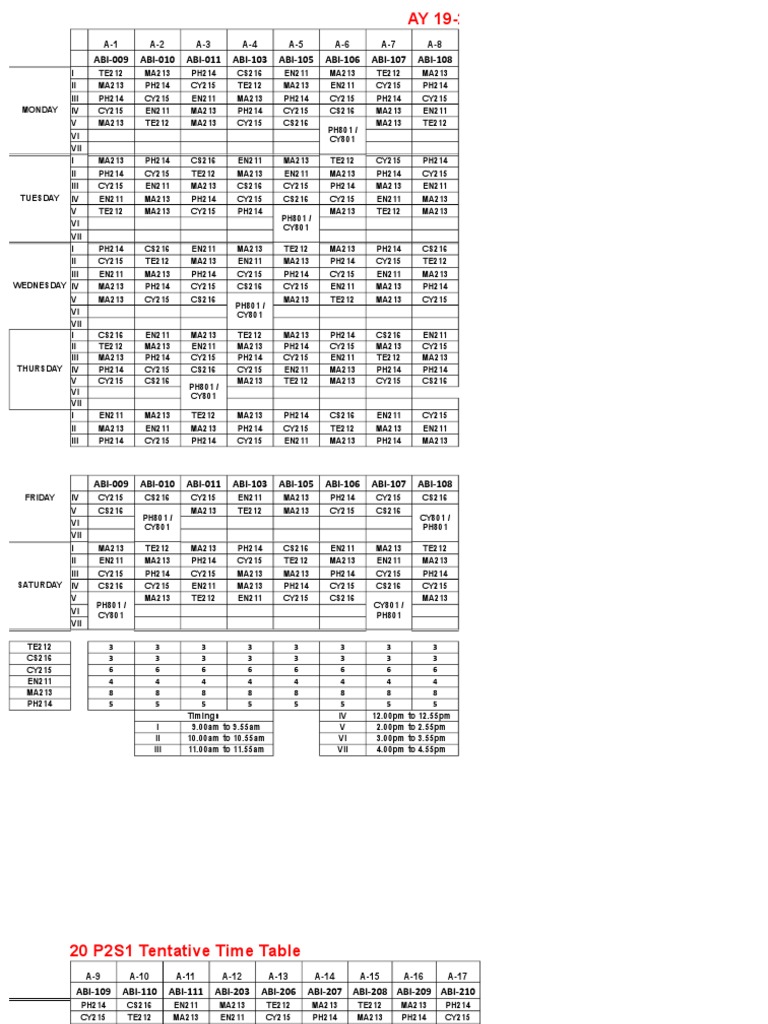 Updated AY 19-20 P2SEM1 Tentative Time Table - 8-7-19 | PDF