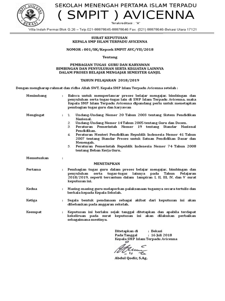 Surat Keputusan Kepsek Pembagian Tugas Mengajar | PDF