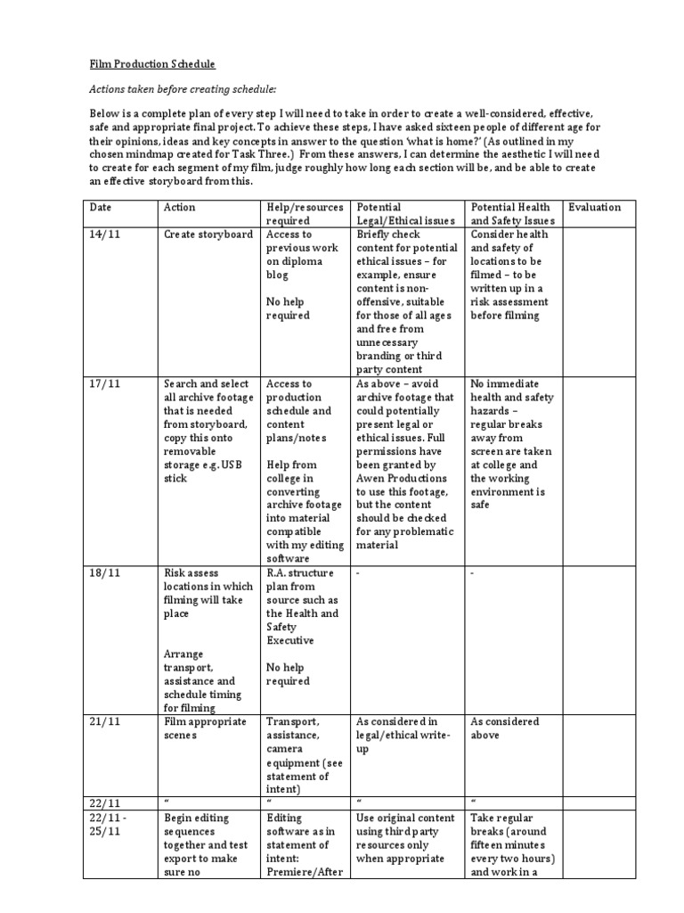 Film Production Schedule Template