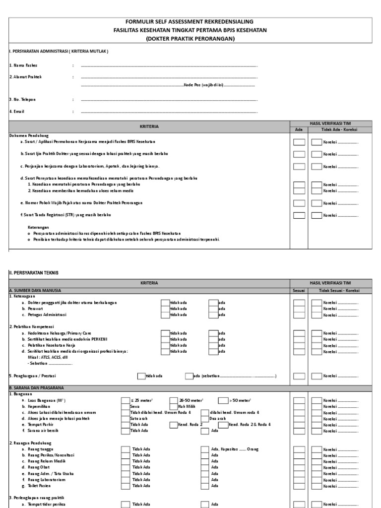 Format Self Assessment Re-Kredensialing Faskes Final | PDF