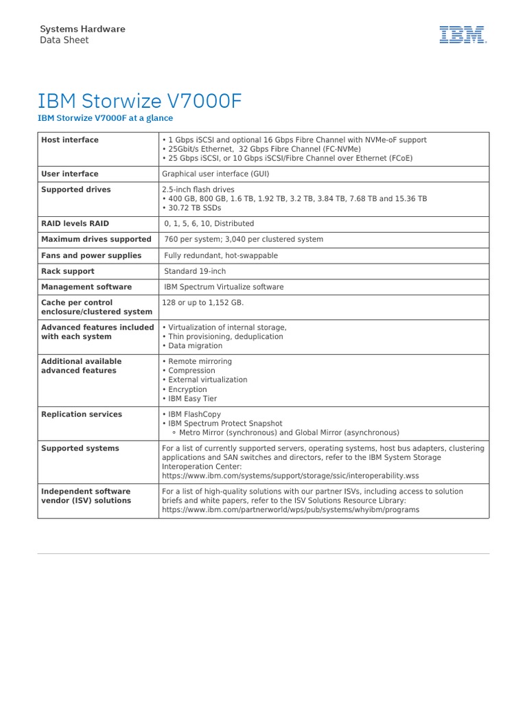 IBM V7000F Storage Specifications | PDF