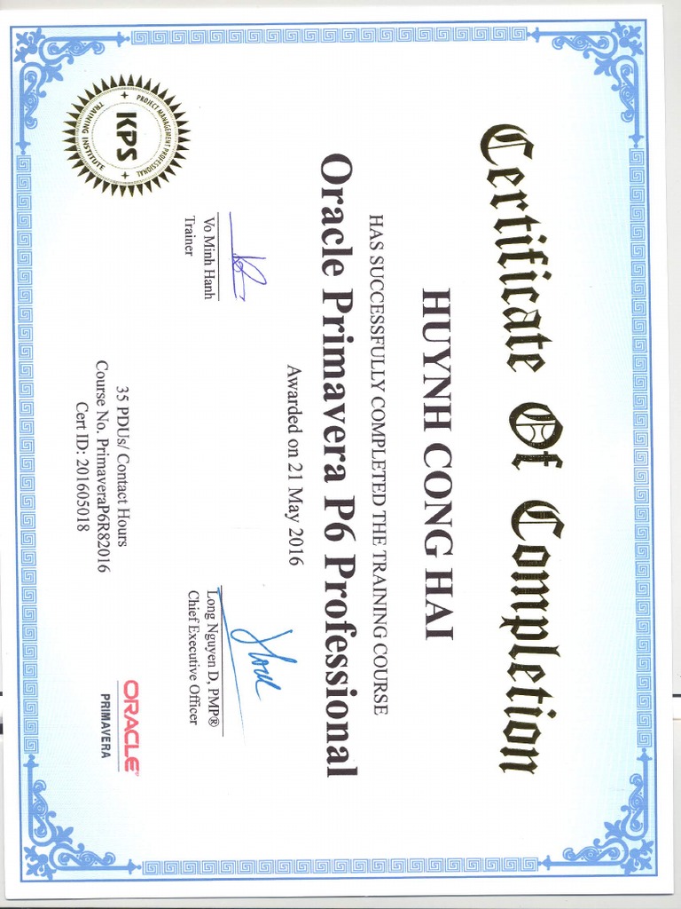 Certificate Primavera P6 - Huynh Cong Hai | PDF