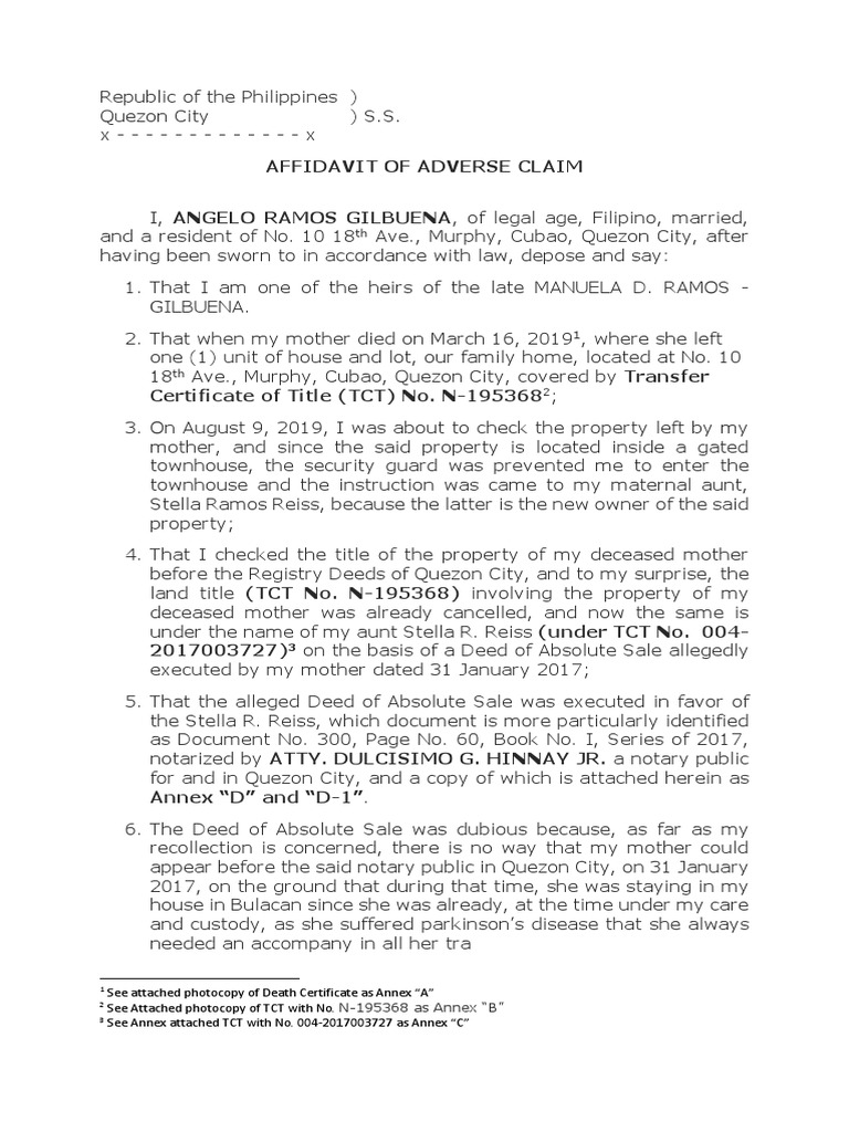 Affidavit of Adverse Claim | PDF | Affidavit | Notary Public