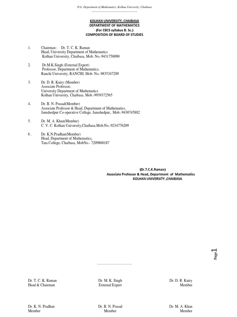 Kolhan University, Chaibasa Department of Mathematics (For CBCS Syllabus B. SC.) Composition of ...