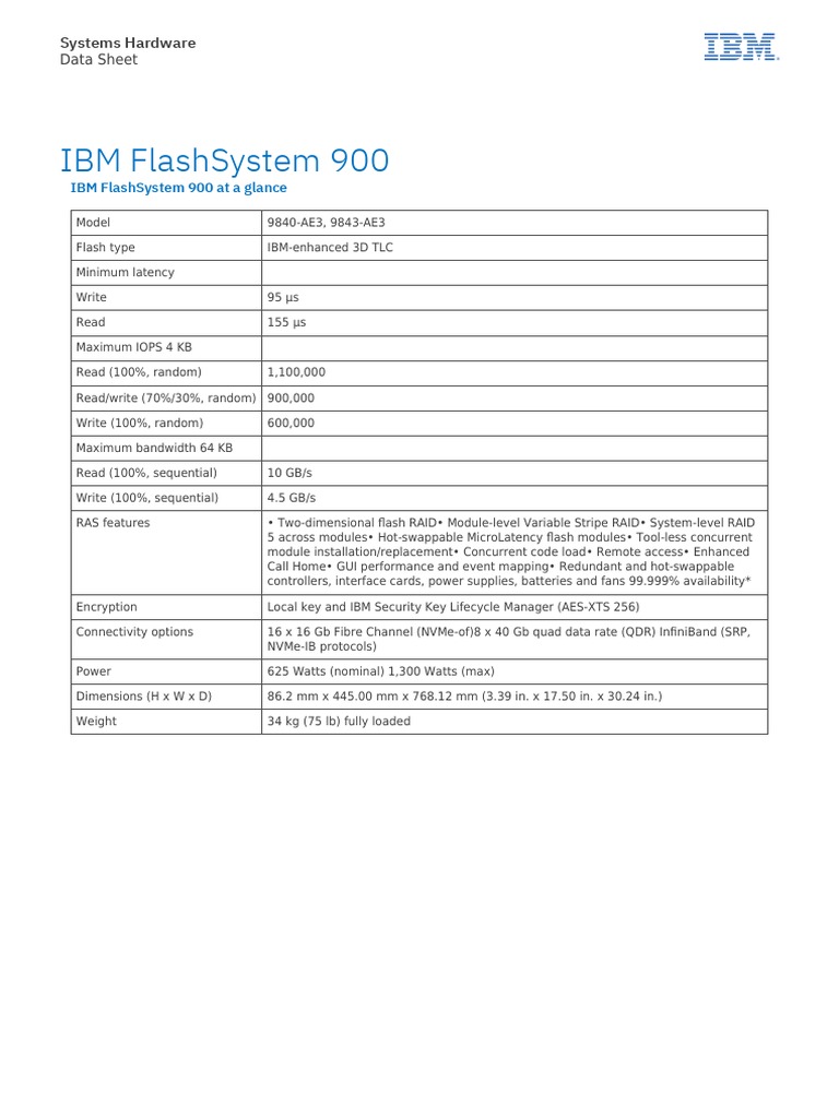 IBM FlashSystem 900 Specifications | PDF | Flash Memory | Computer ...