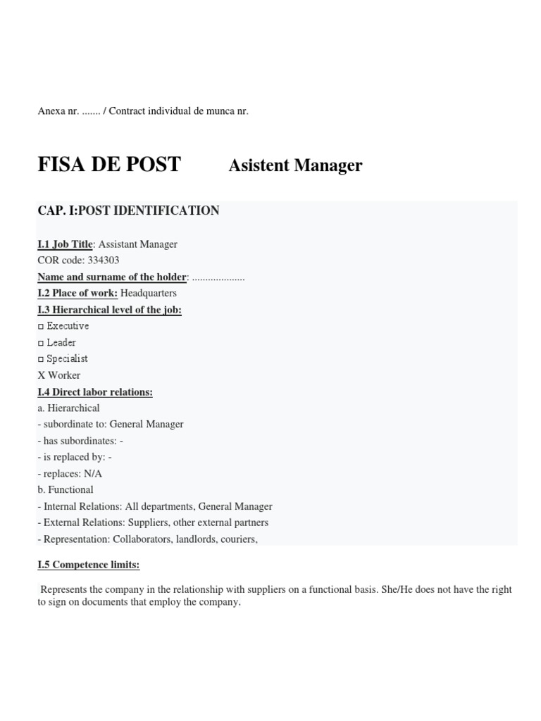 JD Asistent Manager - EN | PDF | Occupational Safety And Health | Business