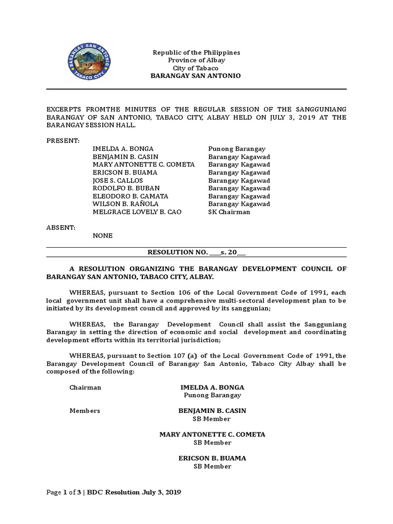 Organization of the Barangay Development Council of San Antonio, Tabaco ...