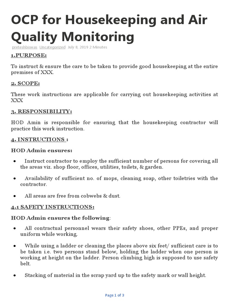 OCP For Housekeeping and Air Quality Monitoring | PDF | Housekeeping ...