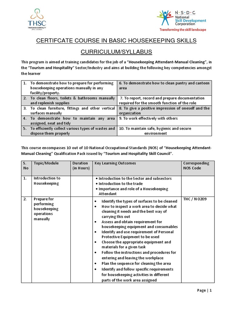 Certifcate Course in Basic Housekeeping Skills Curriculum/Syllabus ...