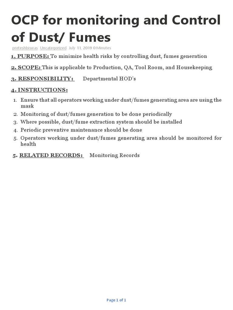 Procedures for Monitoring and Controlling Dust and Fume Exposure to ...