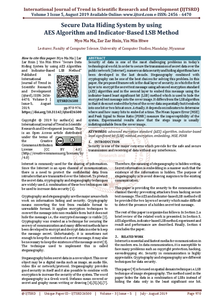 Secure Data Hiding System by Using AES Algorithm and Indicator Based LSB Method | PDF ...