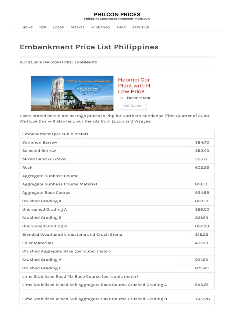 Philippine Embankment and Aggregate Prices | PDF | Construction ...