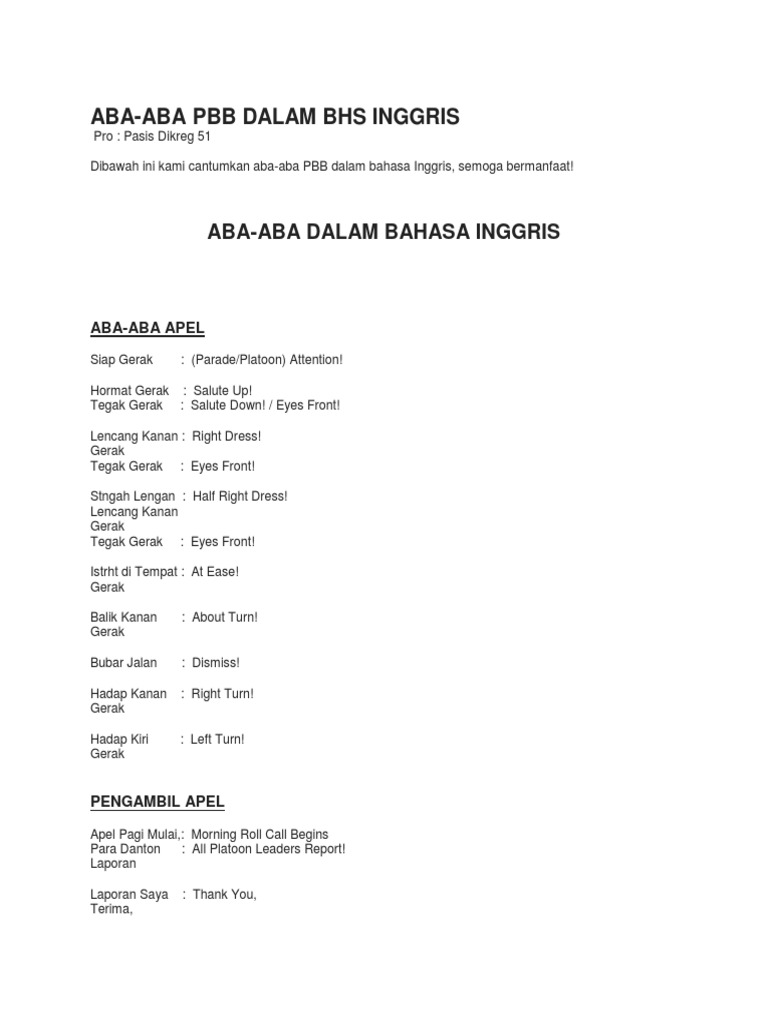 Aba-Aba PBB Dalam Bhs Inggris | PDF
