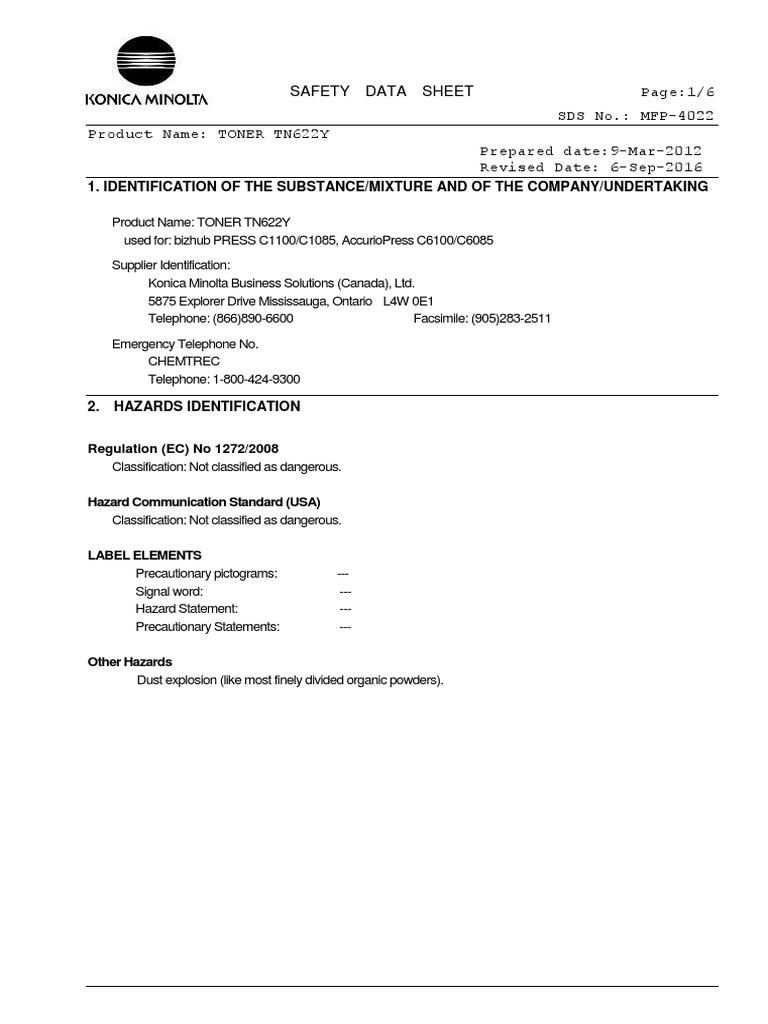 Safety Data Sheet Page:1/6 SDS No.: MFP-4022 Product Name: TONER TN622Y ...