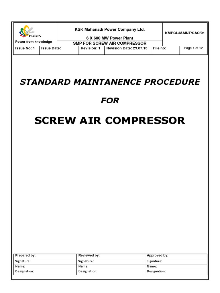 SMP For Screw Air Compressor (Transport Air) | PDF | Valve | Machines