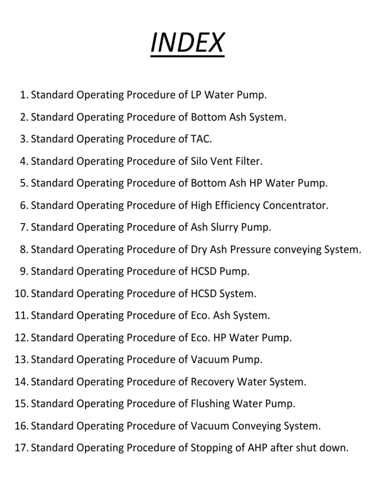 Standard Operating Procedures for Waste Management Systems: Index of ...