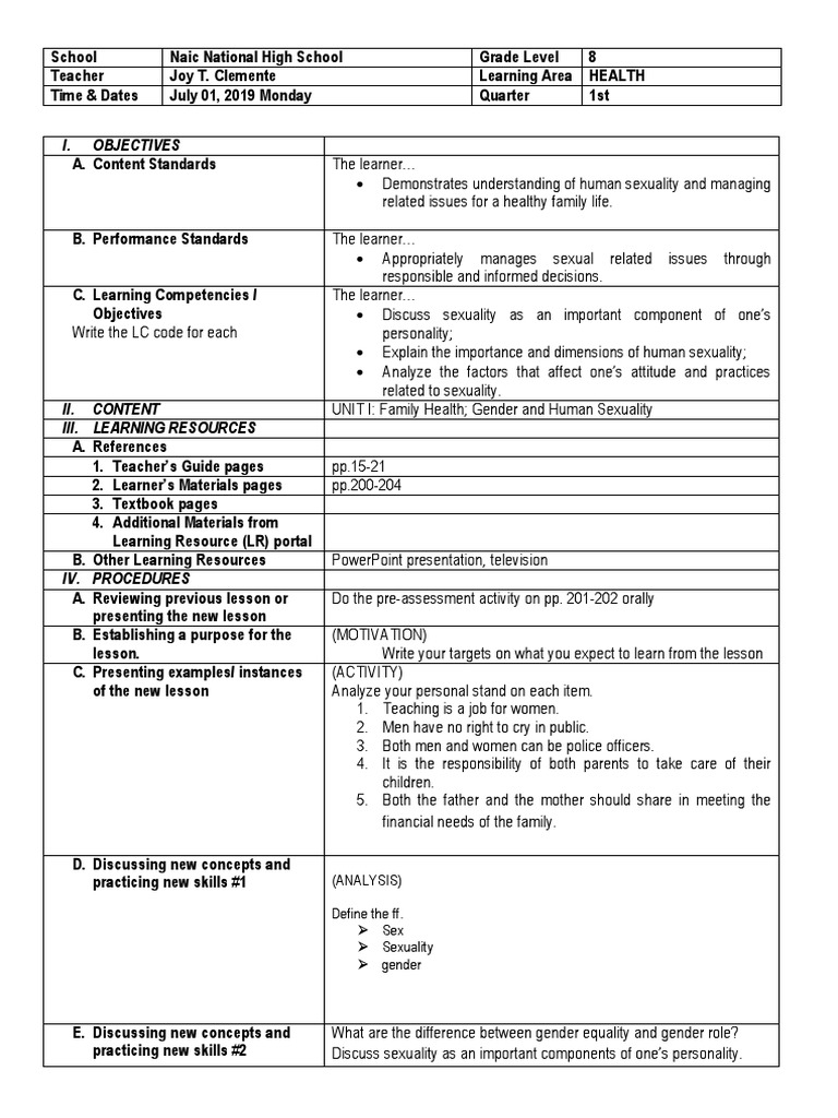 DLP Mapeh 8 July 2019 | PDF | Teachers | Gender