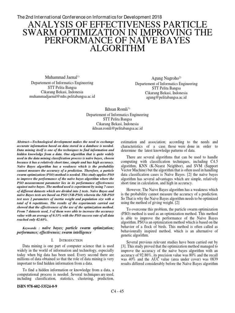 ANALYSIS OF EFFECTIVENESS PARTICLE SWARM OPTIMIZATION IN IMPROVING THE PERFORMANCE OF NAÏVE ...