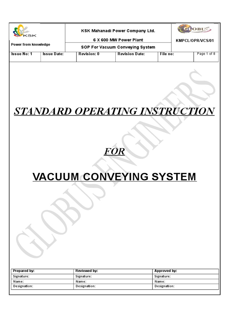 KSK Mahanadi Power Company Ltd. Vacuum Conveying System SOP | PDF ...