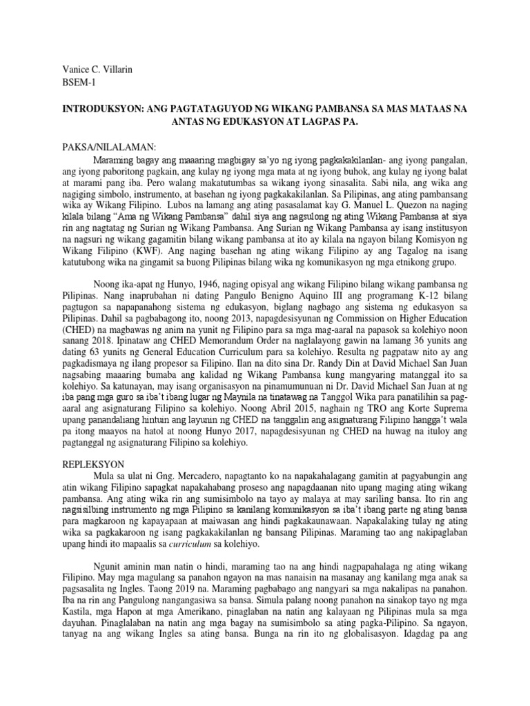 Introduksyon Ang Pagtataguyod NG Wikang | PDF