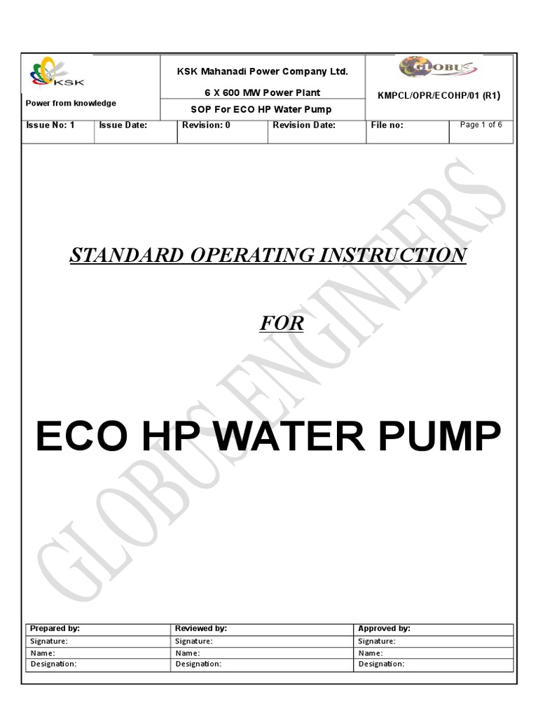 Sop For Eco-Hp Pump (r1) | PDF | Pump | Power Station