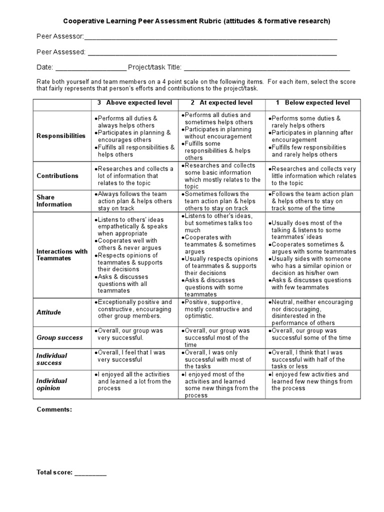 Cooperative Learning Peer Assessment Rubric | Download Free PDF ...