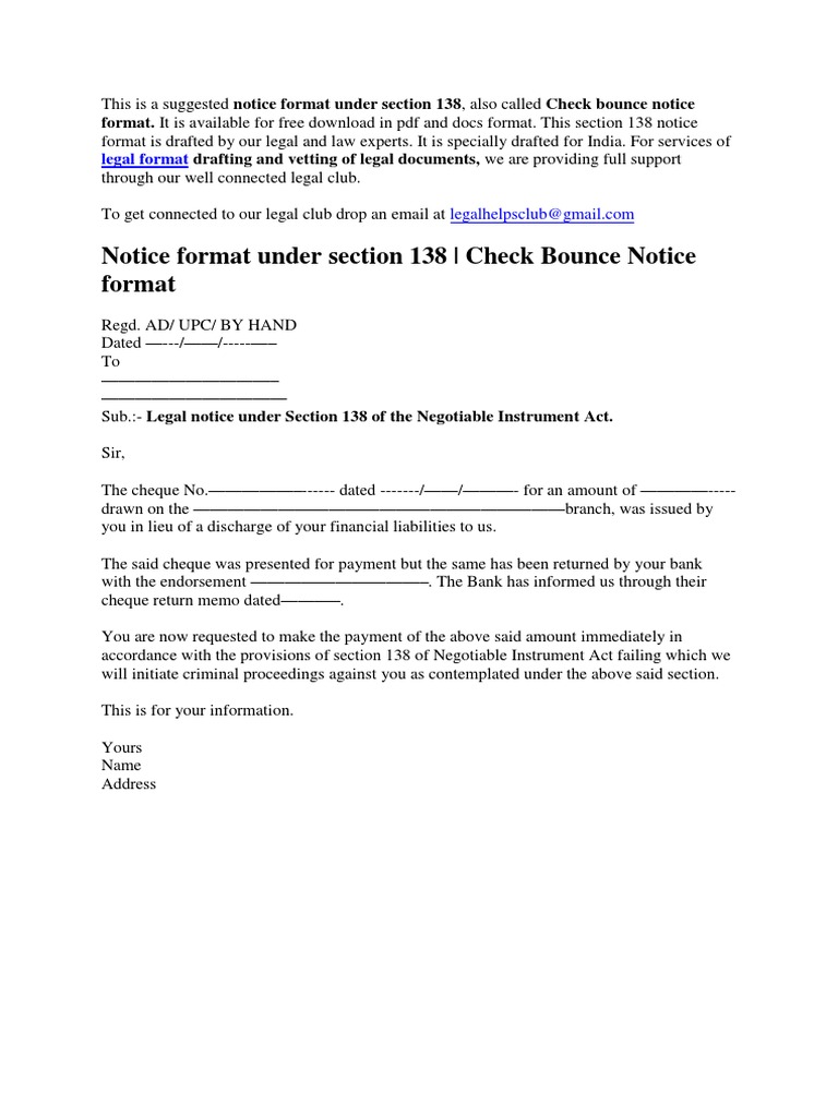 Notice Format Under Section 138 Pdfs | PDF